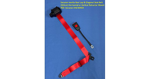 Securon Inertia Reel Lap & Diagonal Seat Belt RED (265cm) Horizontal or Vertical Retractor Mount ...