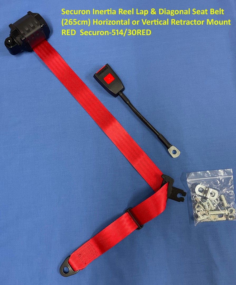 Securon Inertia Reel Lap & Diagonal Seat Belt RED (265cm) Horizontal or ...